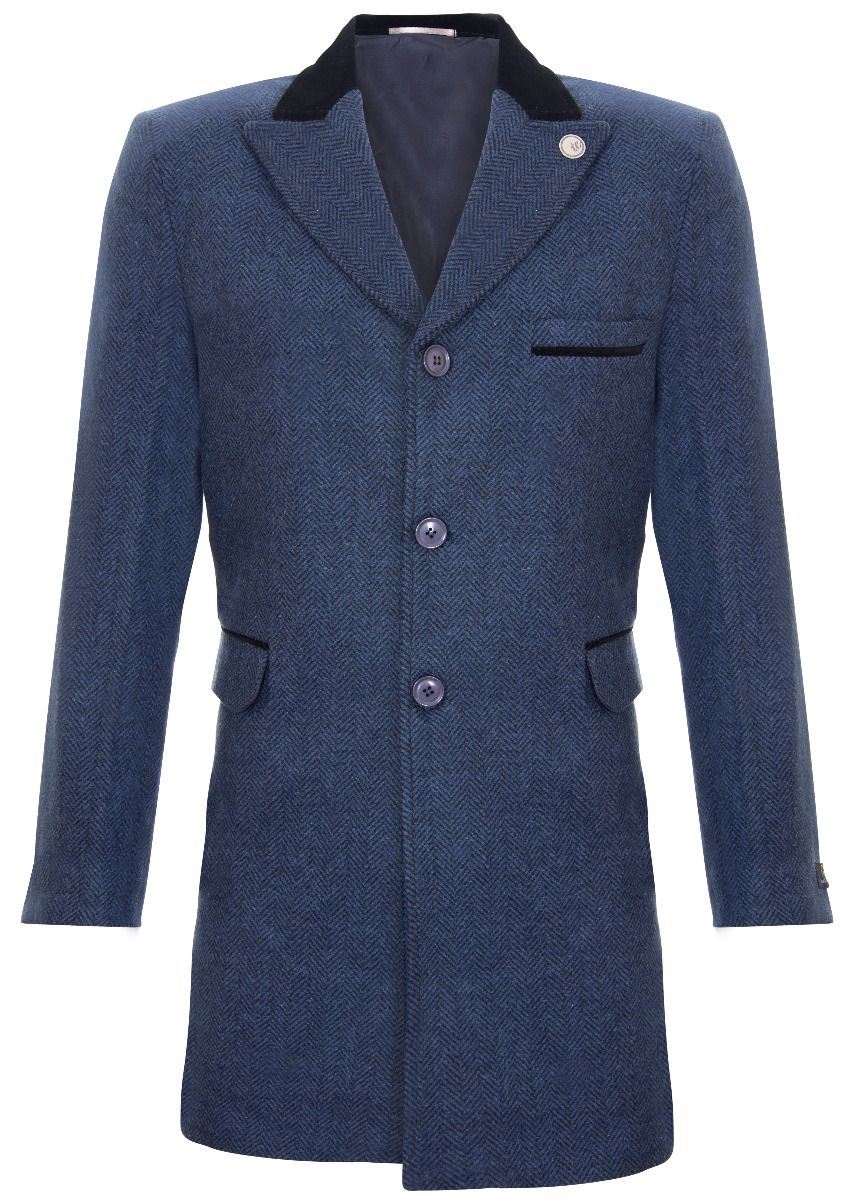 Mens 3/4 Long Navy Crombie Overcoat Jacket Herringbone Tweed Coat Peak ...