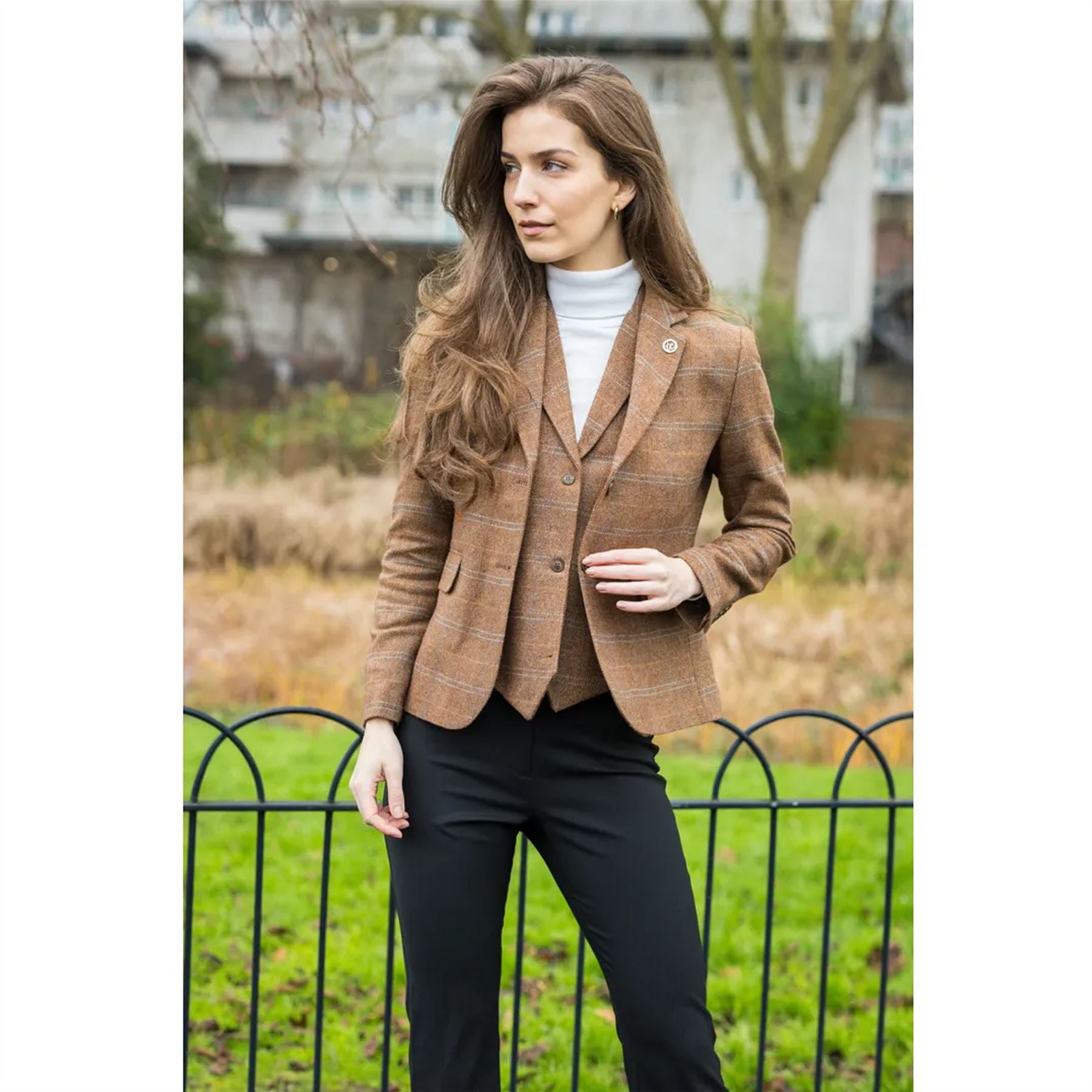 Women's Oak Brown 2 Piece Set Tweed Blazer Waistcoat in Herringbone Ch ...
