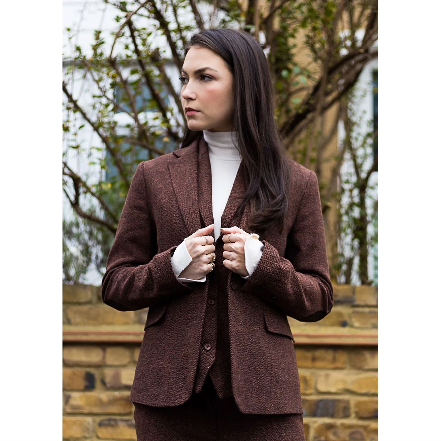 Women's Rust Brown 2 Piece Set Herringbone Wool Tweed Check Blazer Wai ...