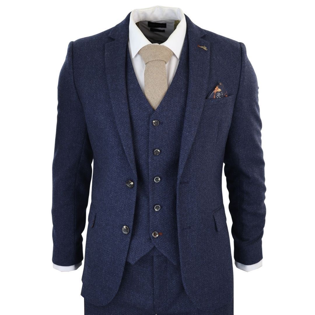 Men's Navy Blue Tweed 3 Piece Wool Suit – Infinity Leather