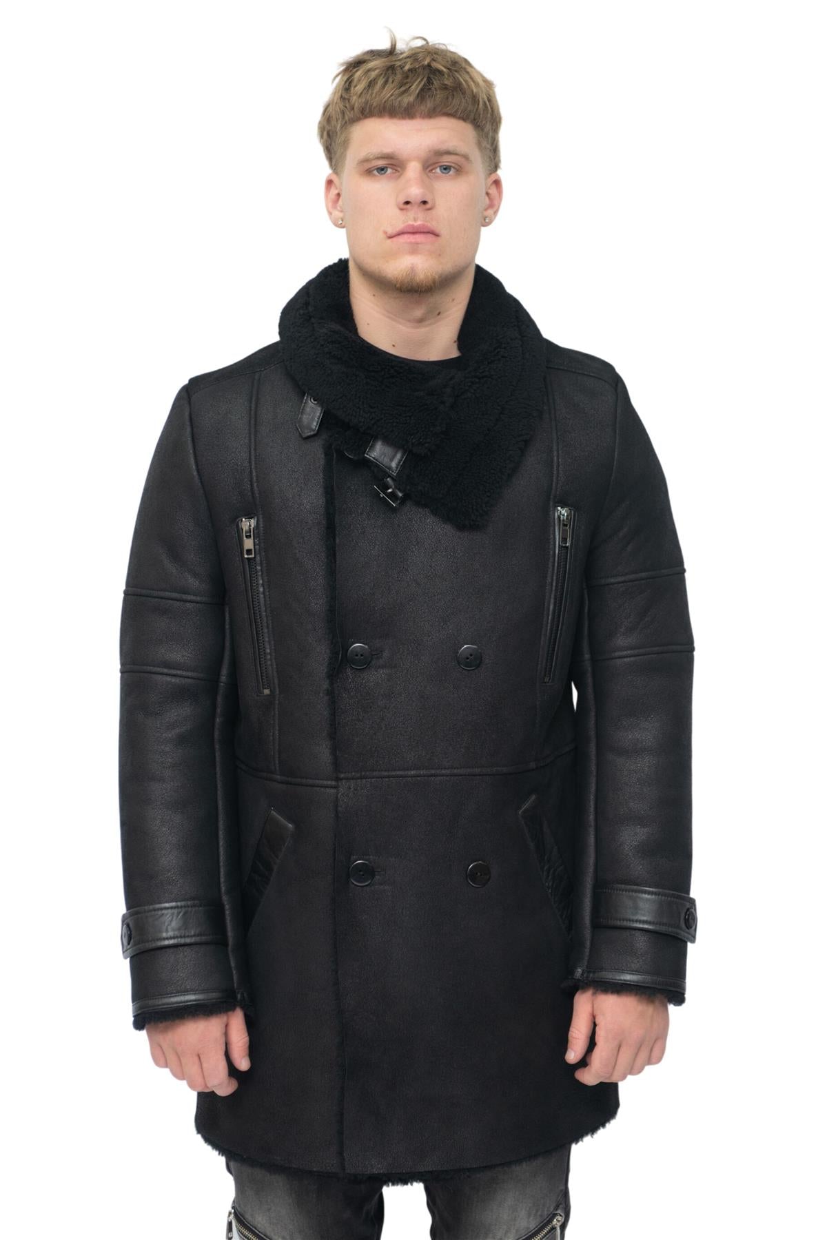 Mens Double Breasted Sheepskin Reefer Coat-Candon – Infinity Leather
